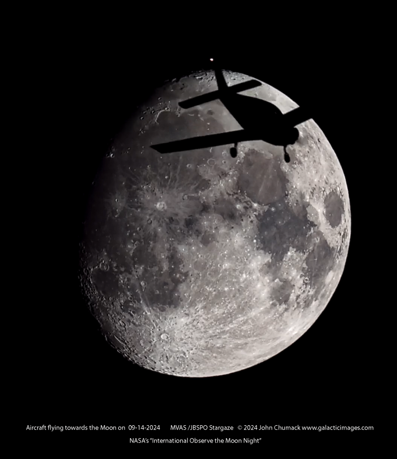 A Piper Warrior Airplane flying in front of the Moon - Galactic Images